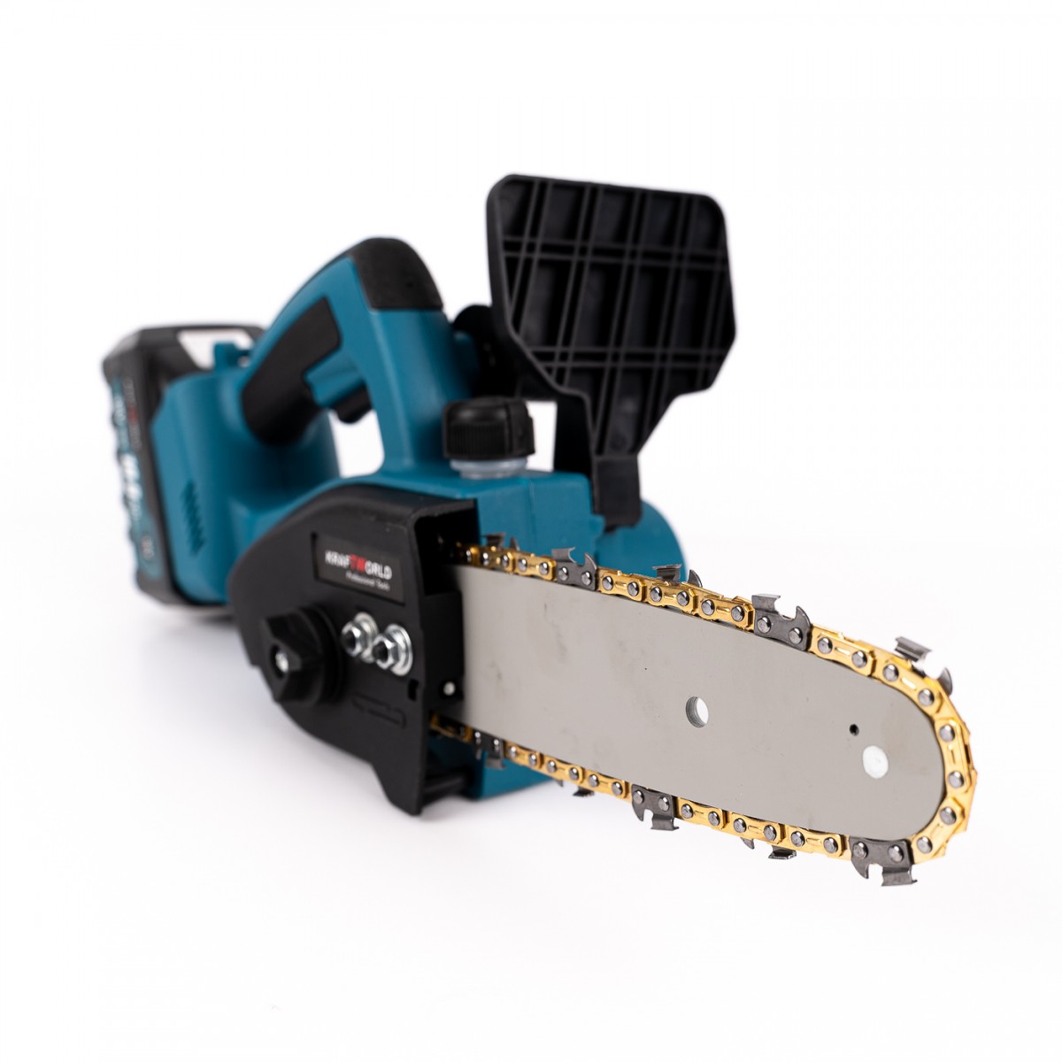 Minidrujba KraftWorld, 2 acumulatori 38V 10Ah, rezervor ulei, maner lateral si aparatoare